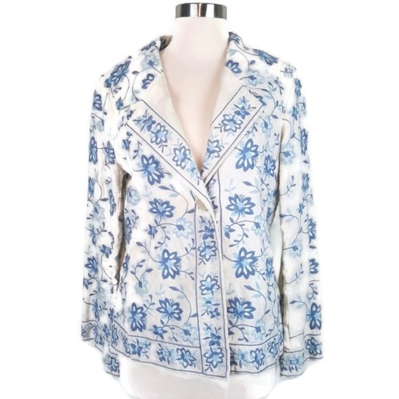 J. Jill | Jackets & Coats | Jjill Ivoryblue Embroidered Floral Blazer ...